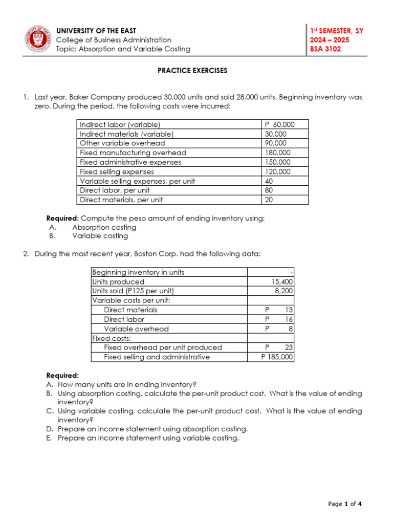 Absorption and Variable Costing Practice Exercise | PDF | Cost Of Goods Sold | Inventory