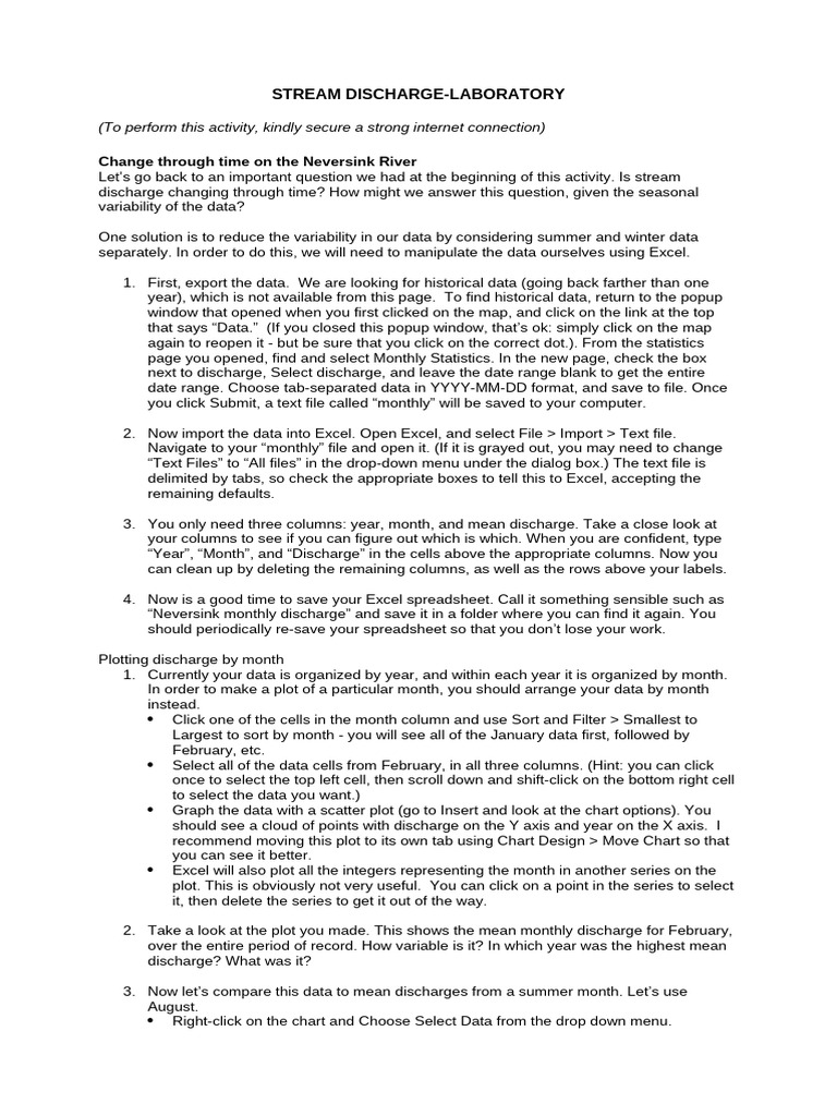 Stream Discharge Laboratory Activity 2 3 | PDF | Drainage Basin | Microsoft Excel