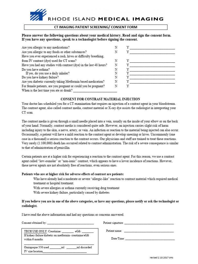 CT Contrast Patient Screening and Consent Form | PDF | Ct Scan | Allergy