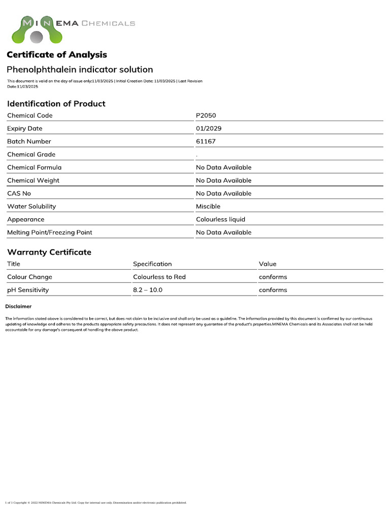 Phenolphthalein Indicator Solution 61167 | PDF
