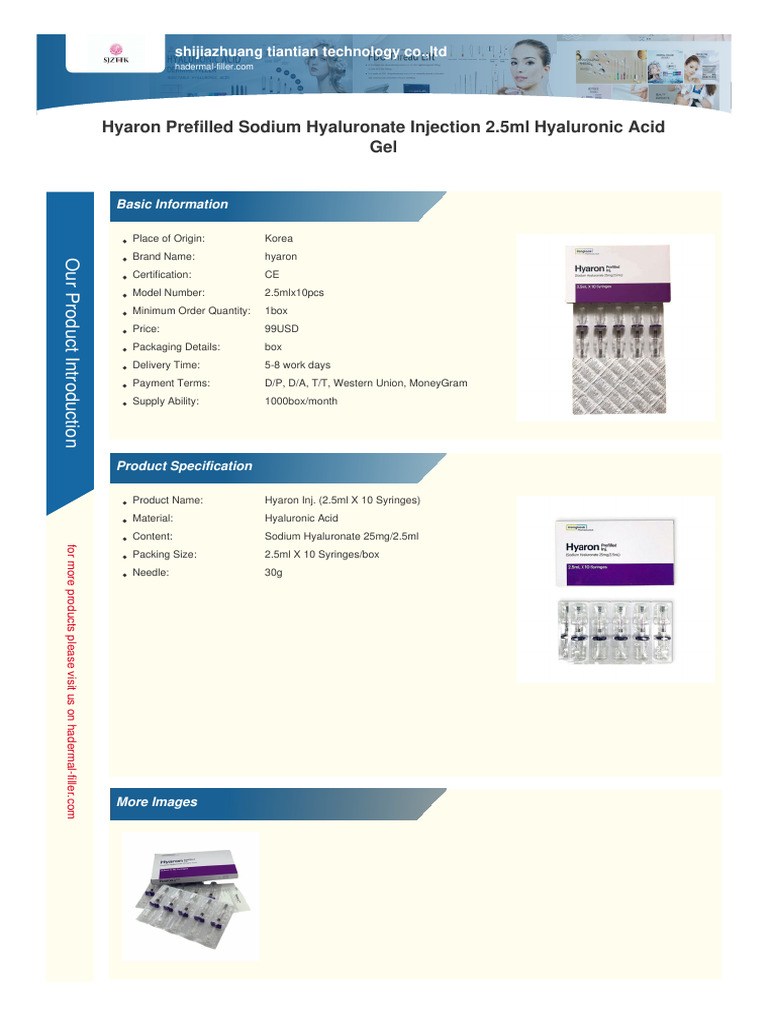 Hyaron Prefilled Sodium Hyaluronate Injection 2 5ml Hyaluronic Acid Gel ...