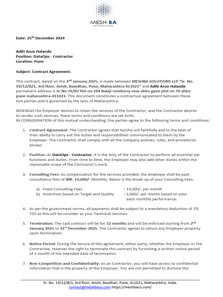 Contractual Agreement - Aditi Arun Halande (1) | PDF | Employment ...