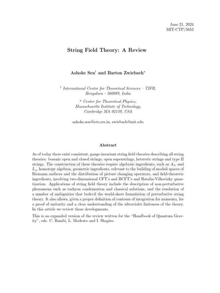 String Field Theory: A Review: Ashoke Sen and Barton Zwiebach | PDF | Quantum Field Theory ...