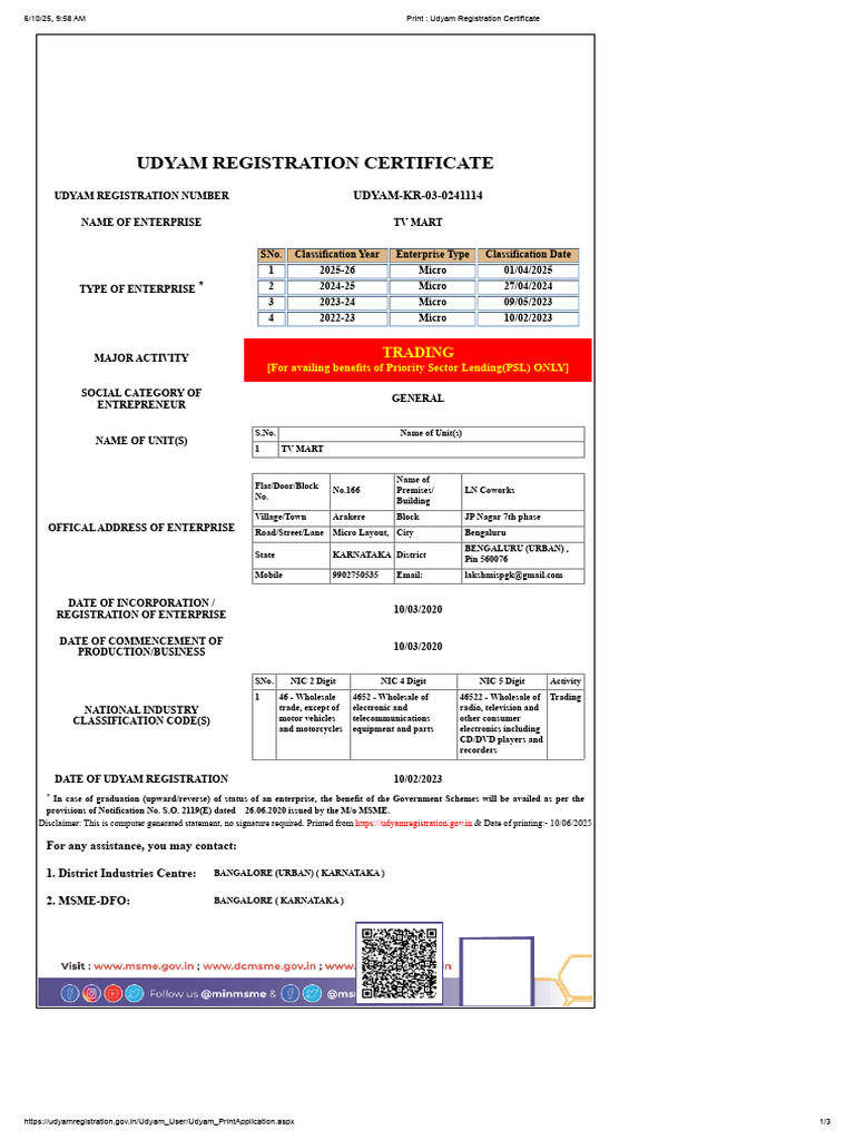 Print - Udyam Registration Certificate22 | PDF