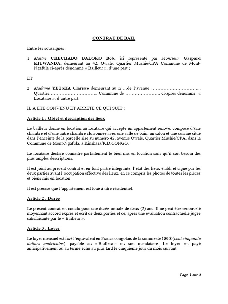 Contrat de bail résidentiel à Kinshasa | PDF | Location | Droit privé