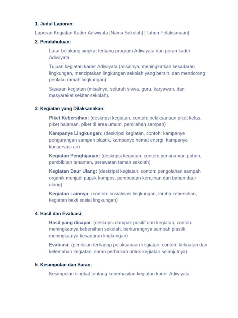 Contoh Laporan Kegiatan Kader Adiwiyata Per Pokja Ta. 2024-2024 | PDF