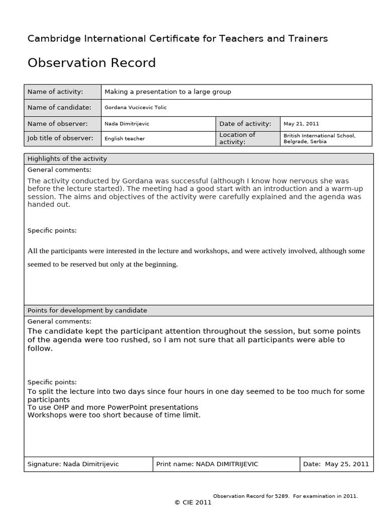 GT Observation Form Unit 3 | PDF