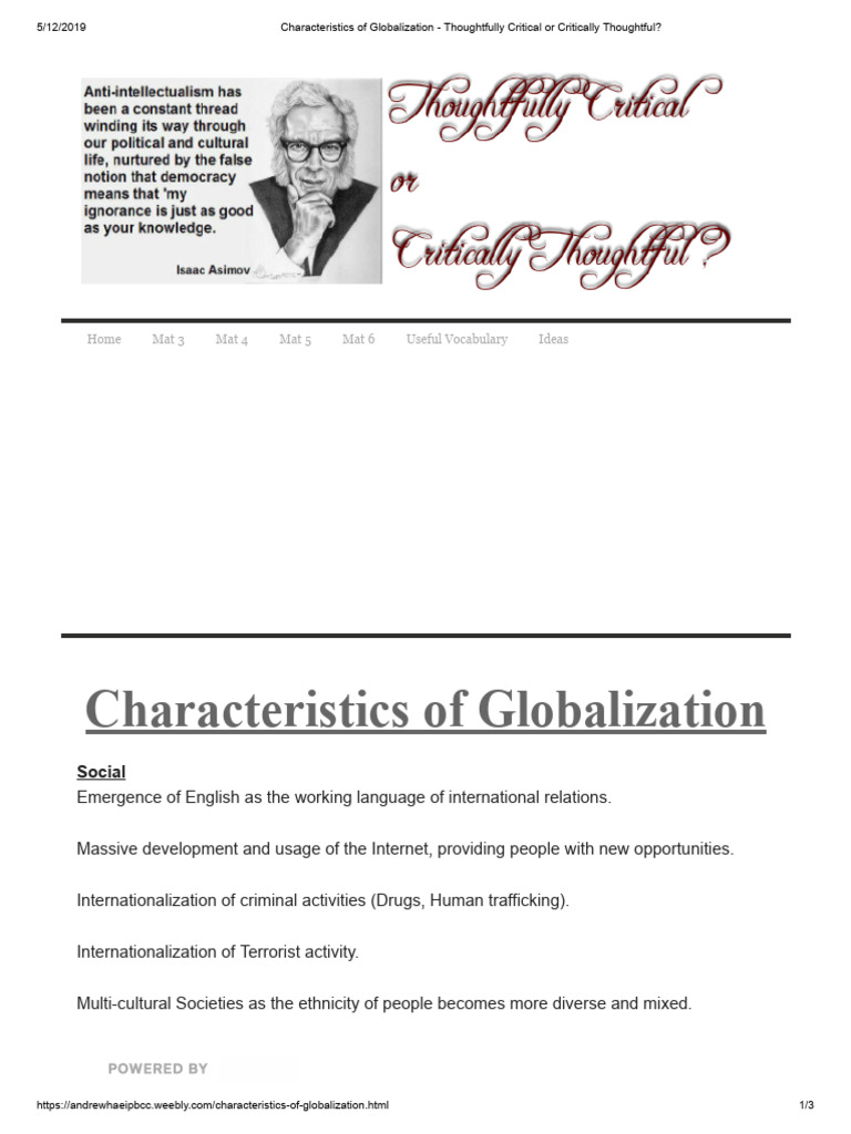 Characteristics of Globalization - Thoughtfully Critical or Critically ...