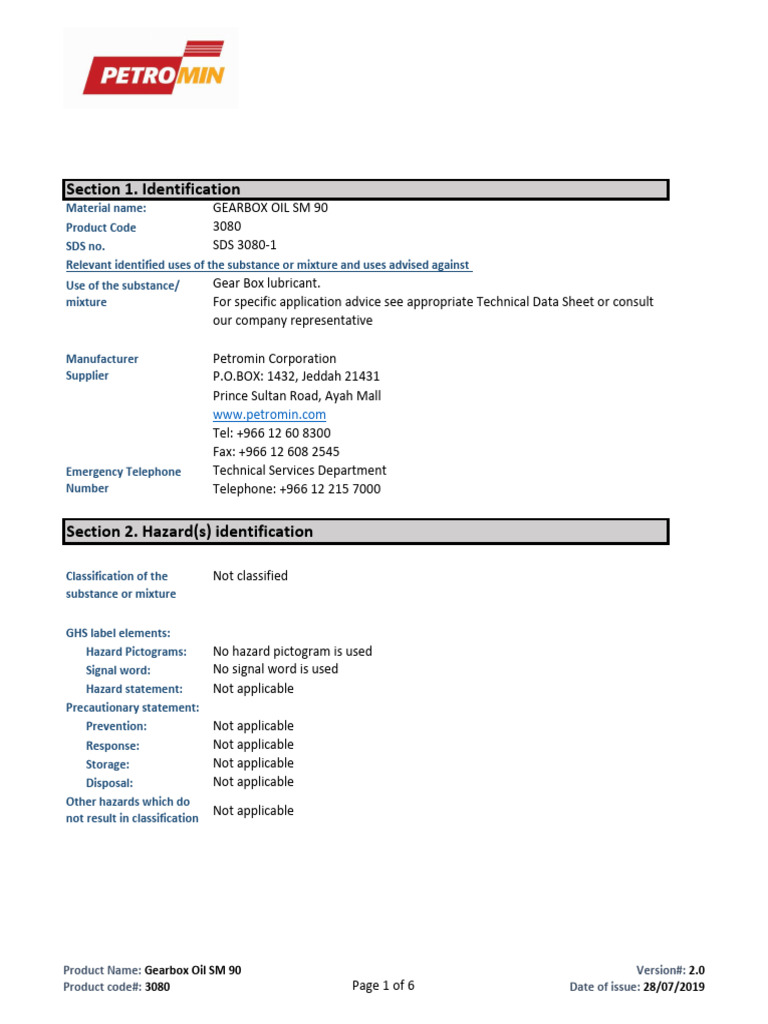 Gearbox Oil SM 90 Safety Data Sheet | PDF | Occupational Safety And ...