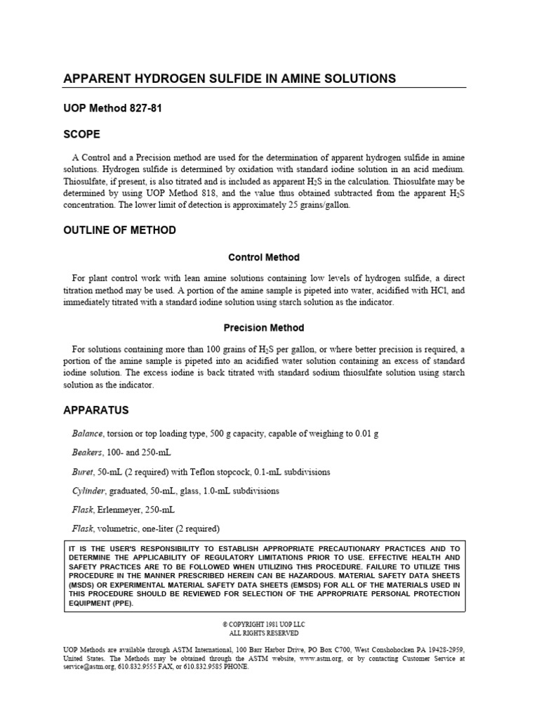 Hydrogen Sulfide Analysis in Amine Solutions | PDF | Titration | Chemistry
