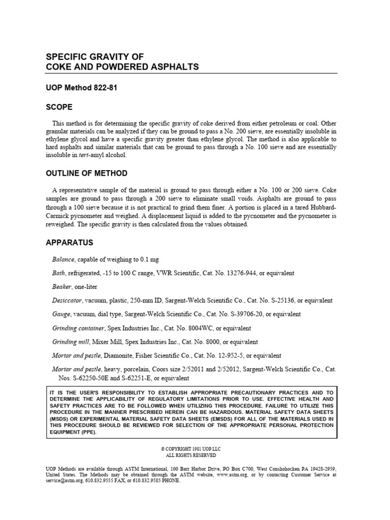 UOP 822-81 Specific Gravity of Coke and Powdered Asphalt | PDF | Vacuum ...