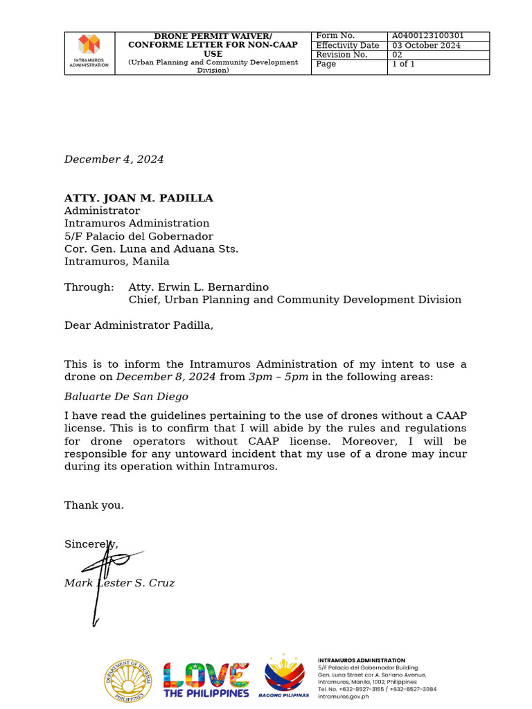 Drone Permit Waiver Request for Intramuros | PDF
