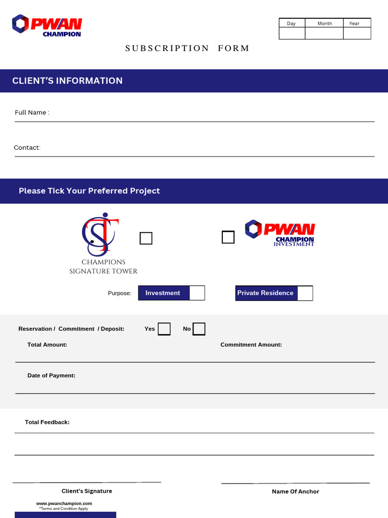 Champion Signature Tower Subscription Form | PDF