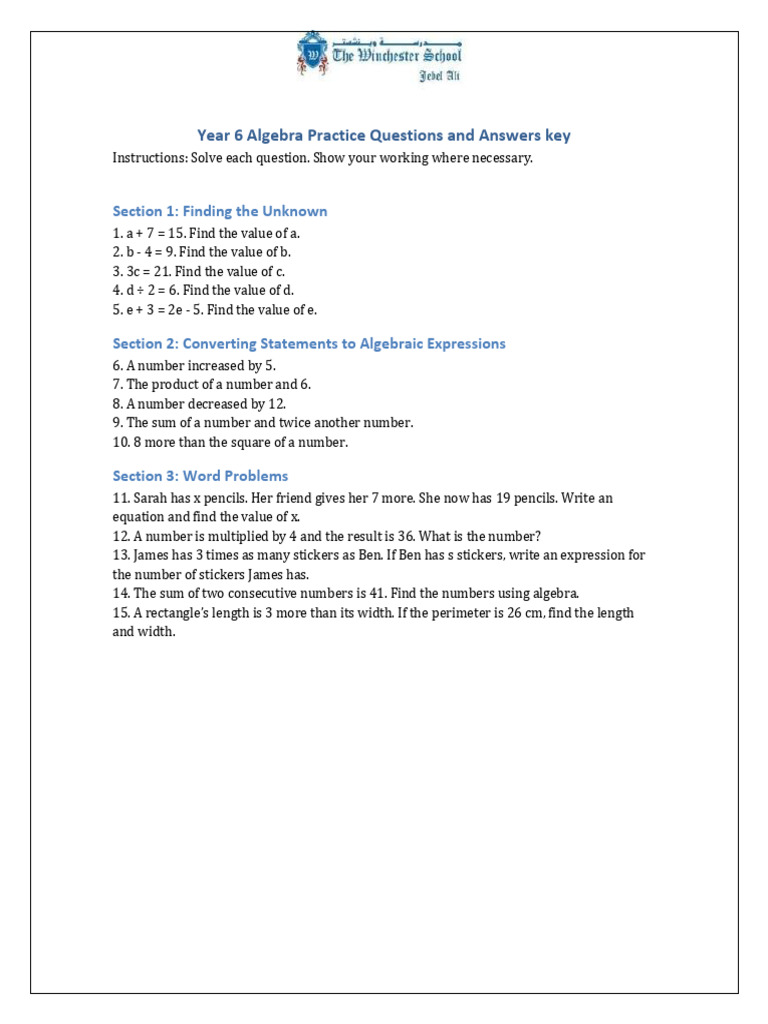Algebra Practice Sheet With Answers | PDF