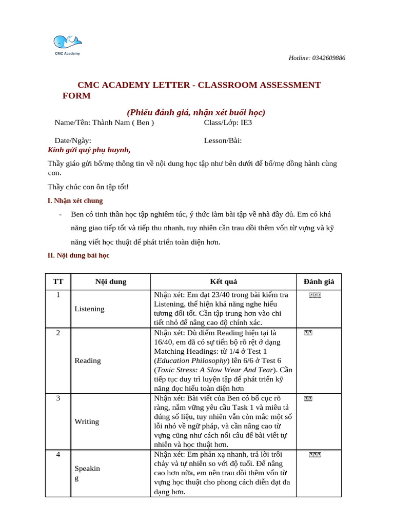 CMC Monthly Assement - Ben IE3 | PDF
