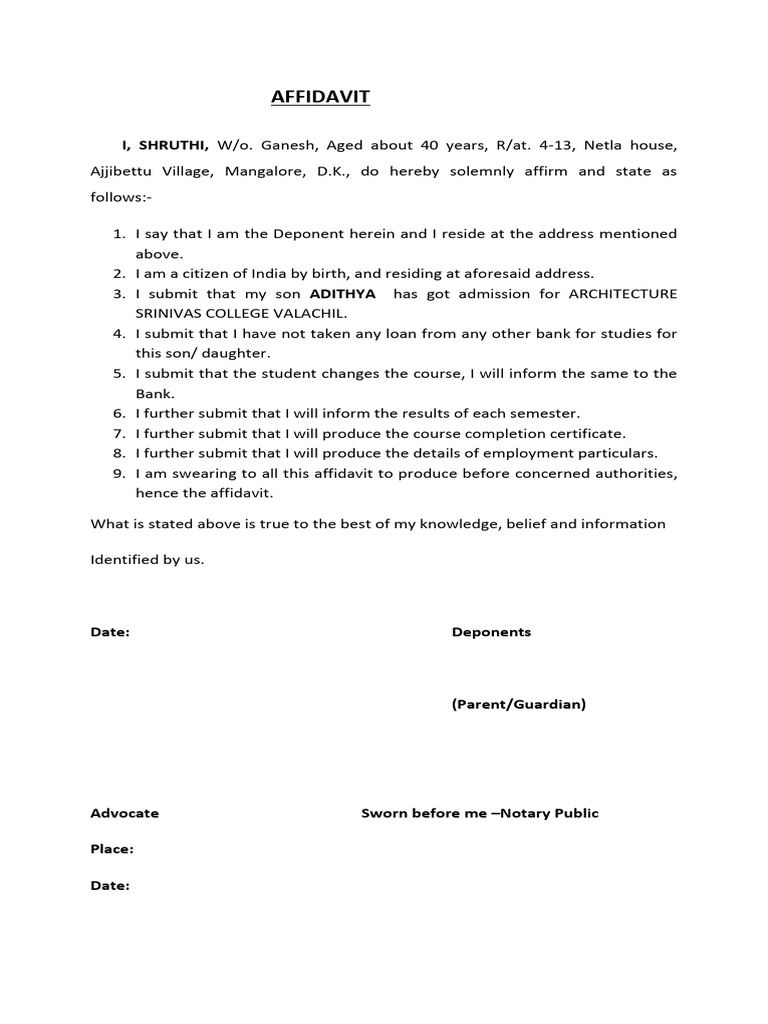 Education Loan Affidavit Sample | PDF