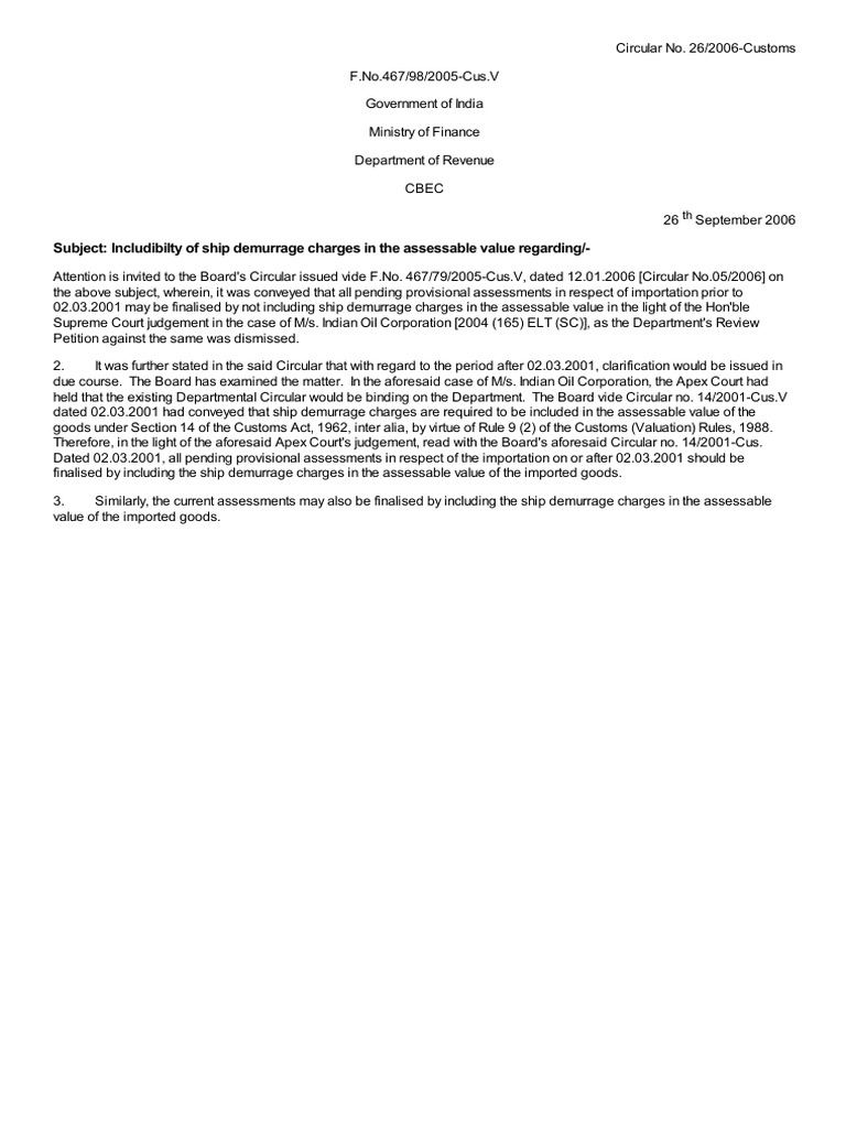 26 2006 Cus Demurrage Charges | PDF