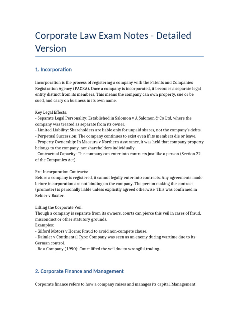 Corporate Law Detailed Notes | PDF | Dividend | Corporate Law