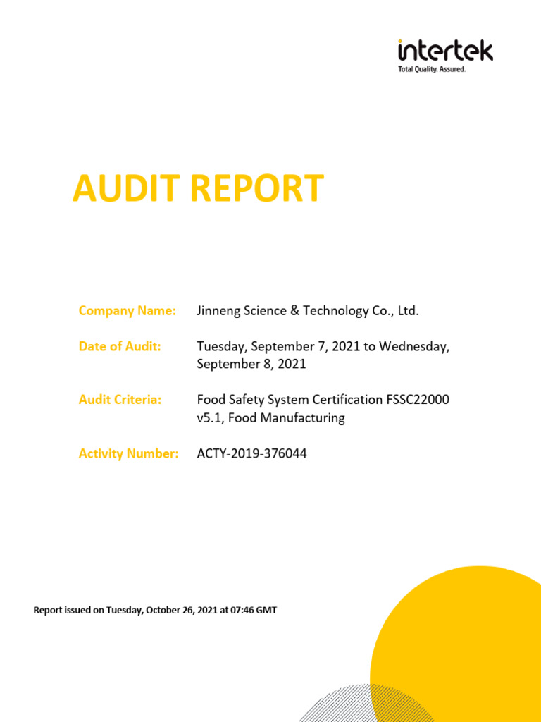 Jinneng Science & Tech Audit Report FSSC22000 | PDF | Audit | Risk