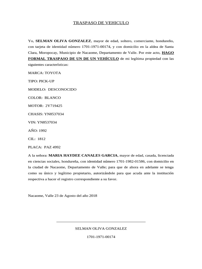 Traspaso de Vehiculo Selman | PDF