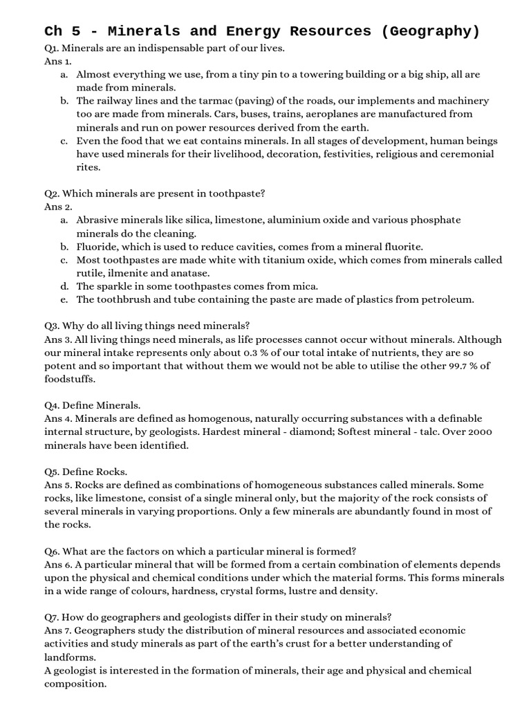 CH 5 - Minerals and Energy Resources SST CLASS 10 | PDF | Ore | Coal