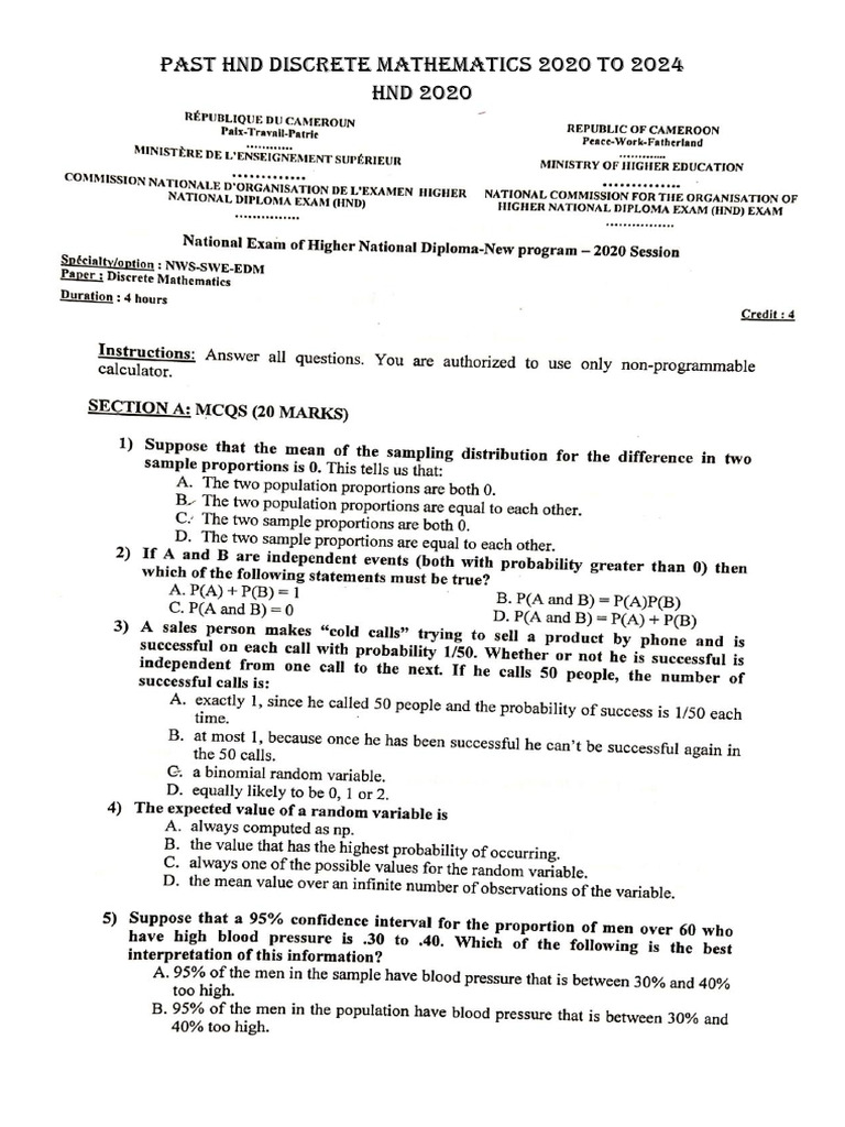 Past HND Discrete Mathematics 2020 To 2024 | PDF