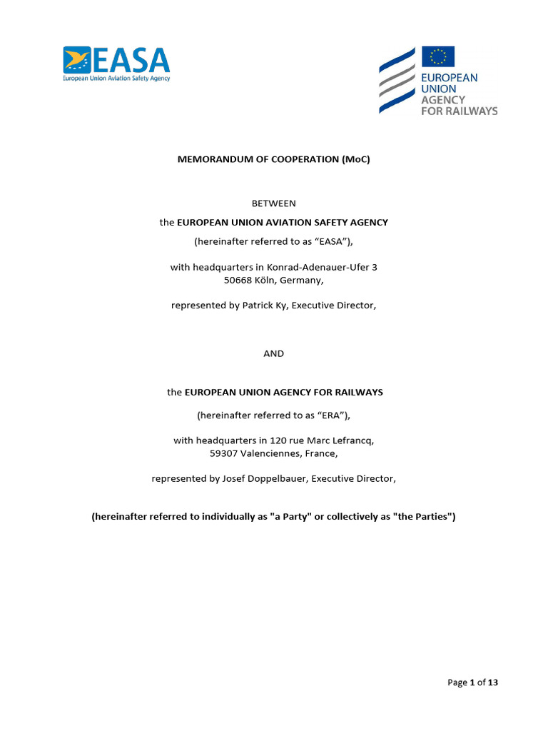 Easa Era Memorandum of Cooperation Moc 11 2022 | PDF | European Union ...