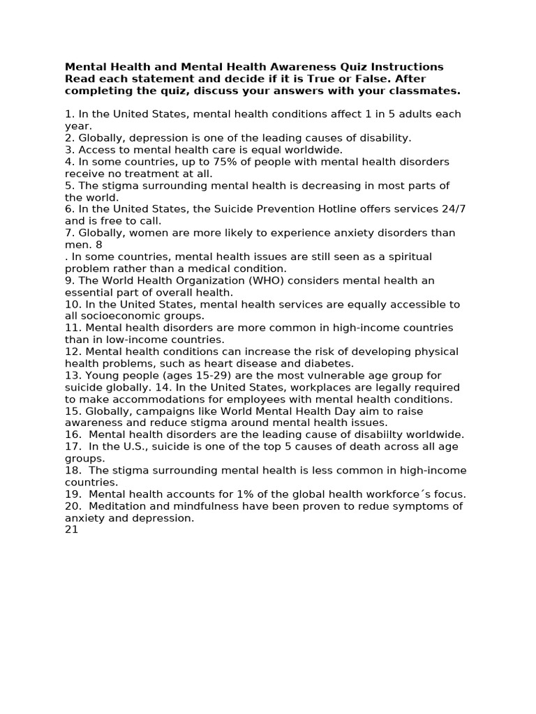 Mental Health and Mental Health Awareness Quiz Instructions Read Each ...