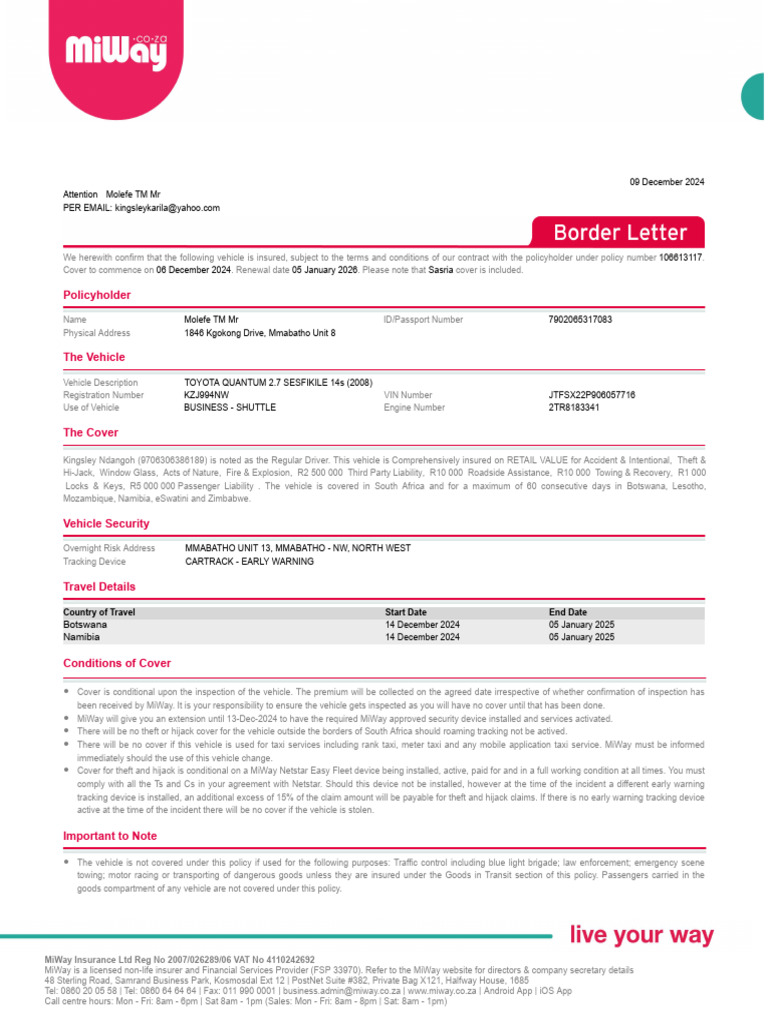 Vehicle Insurance Confirmation Letter | PDF | Insurance | Vehicles