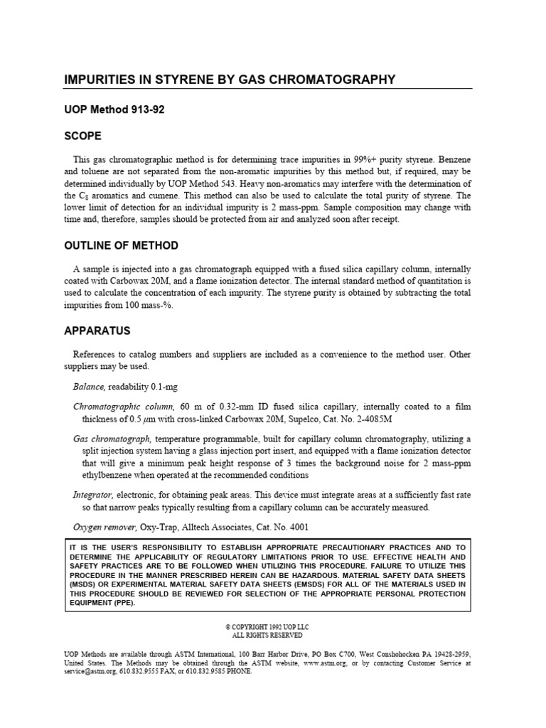 Trace Impurity Analysis in Styrene | PDF | Gas Chromatography ...