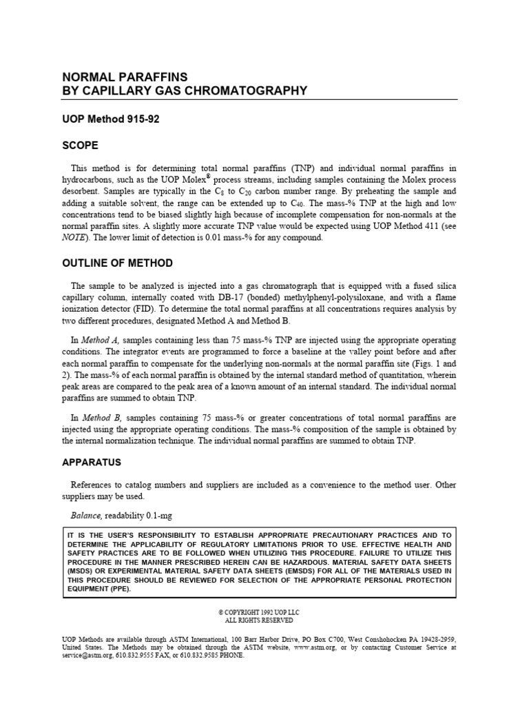UOP 915-92 Normal Paraffine by Capillary Gas Chromatography | PDF | Gas ...