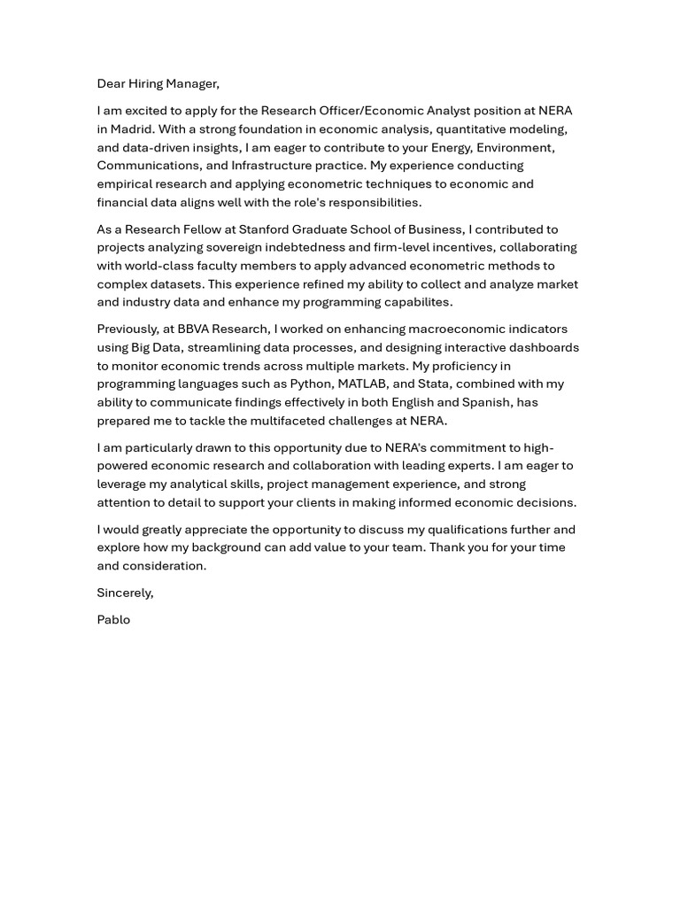 Cover Letter NERA | PDF