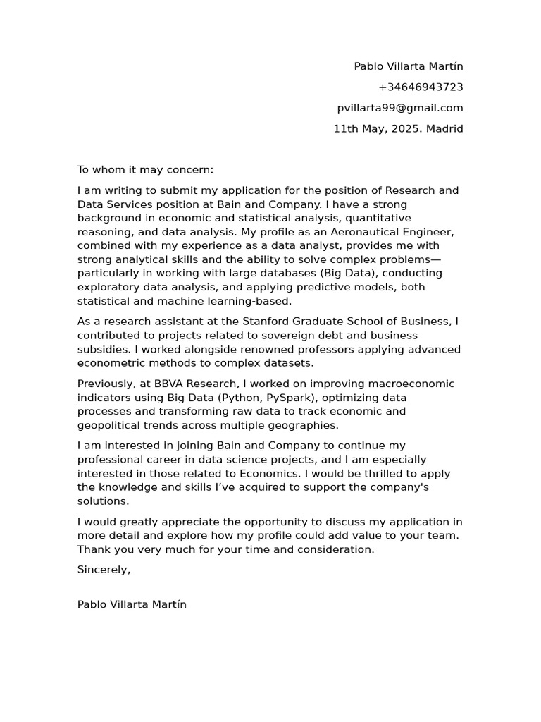 Cover Letter Bain and Company | PDF