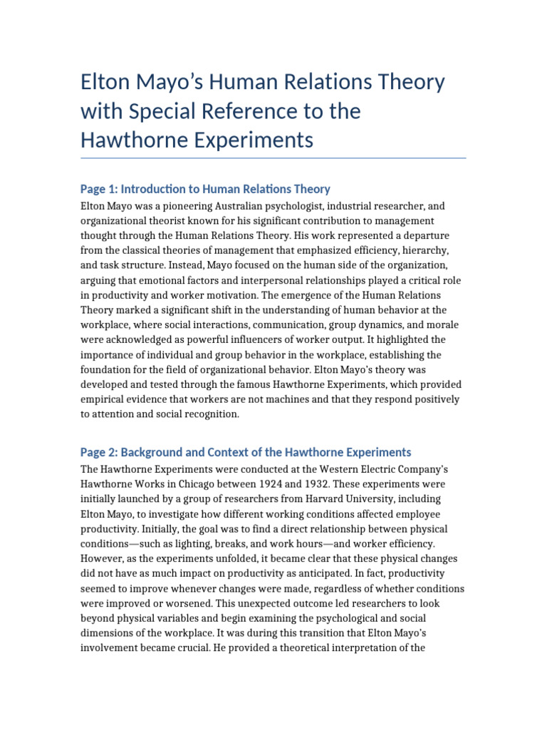 Elton Mayo Human Relations Hawthorne Expanded | PDF | Organizational Behavior | Behavioural Sciences
