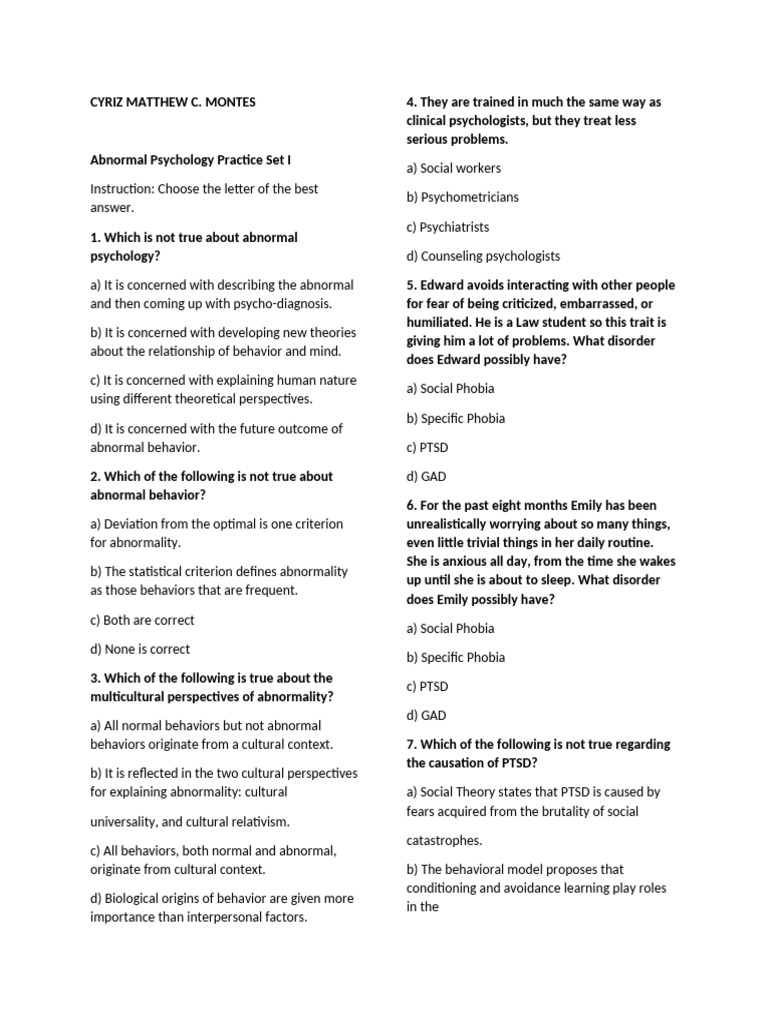 Abnormal Psychology Practice Questions | PDF | Personality Disorder ...