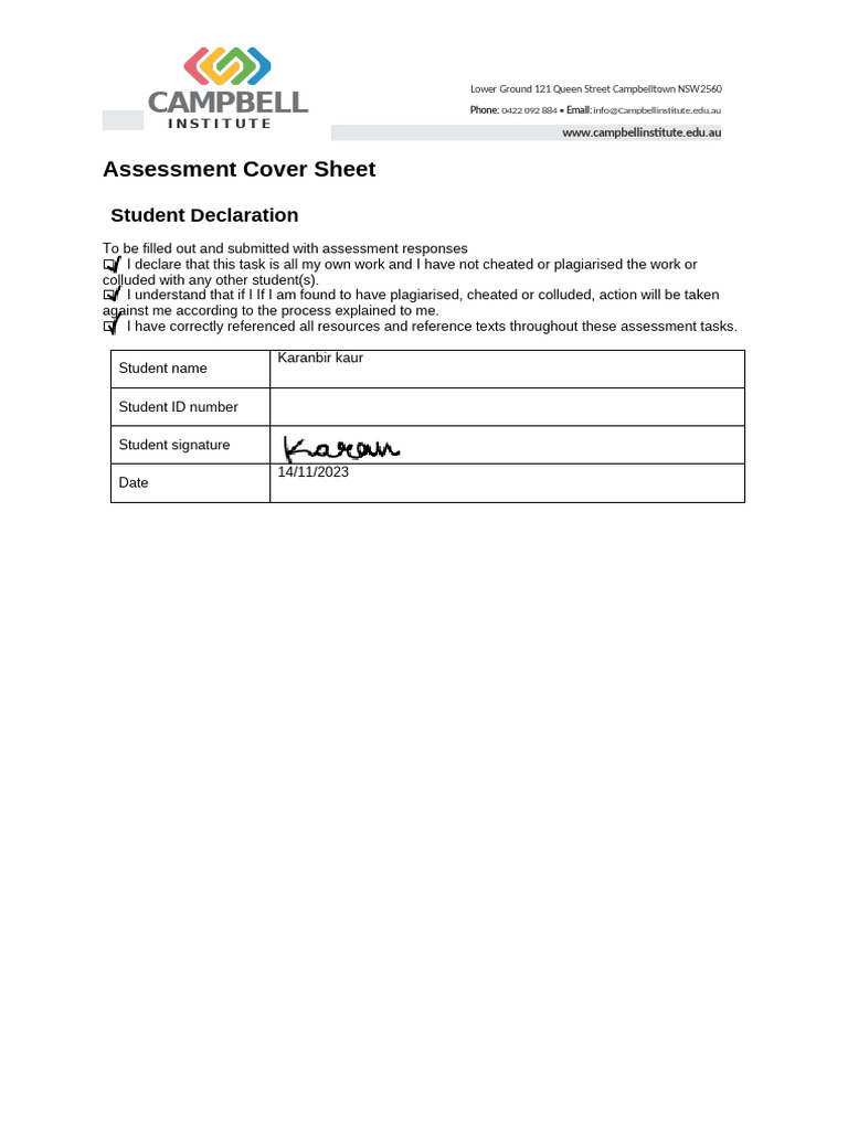 Student Assessment Cover Sheet | PDF