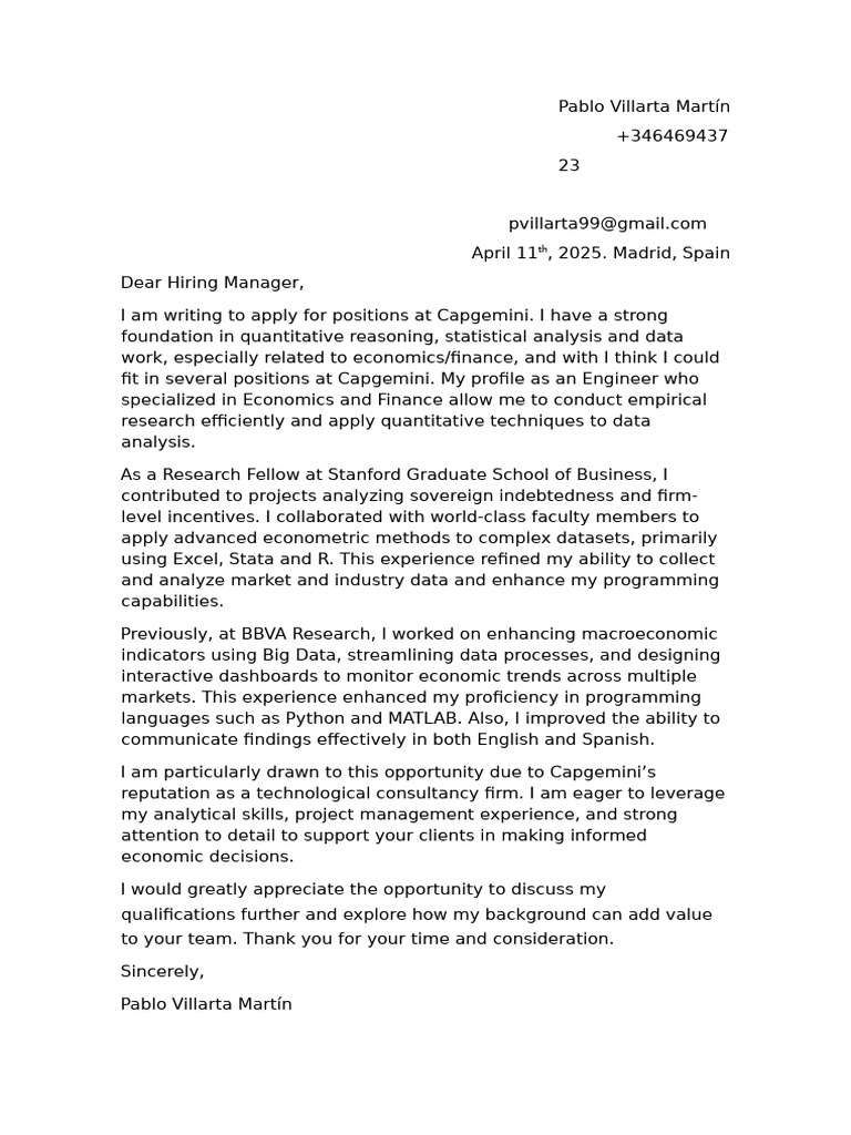 Cover Letter Capgemini | PDF