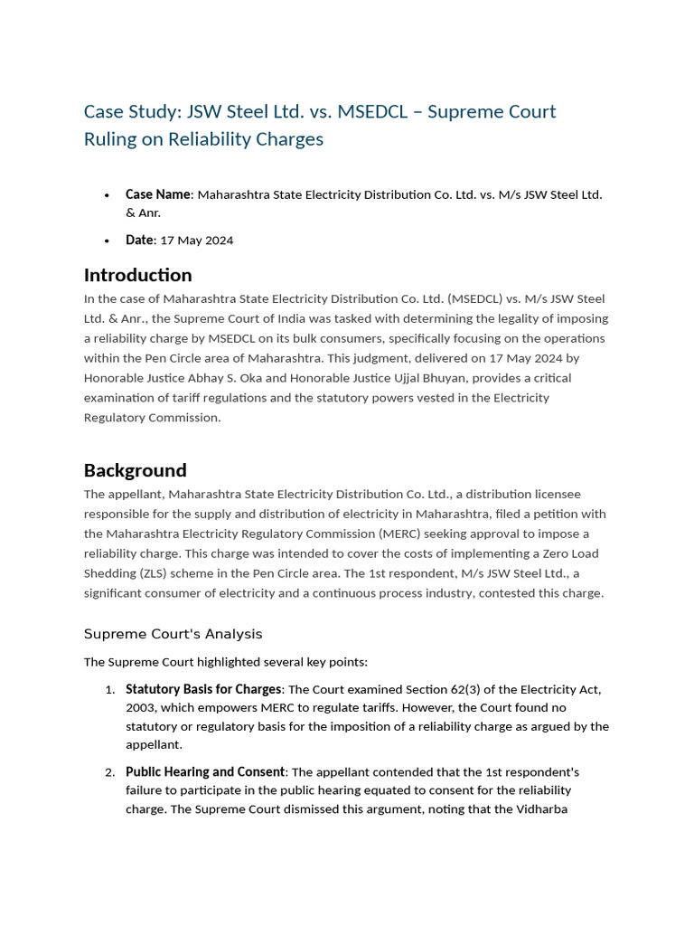 JSW Vs MSCDL-Case Study - Outcome | PDF | Public Law | Justice