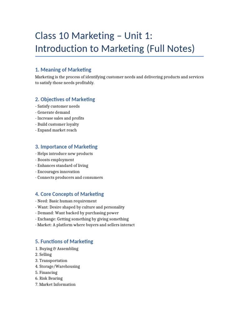 Class 10 Marketing: Unit 1 Overview | PDF