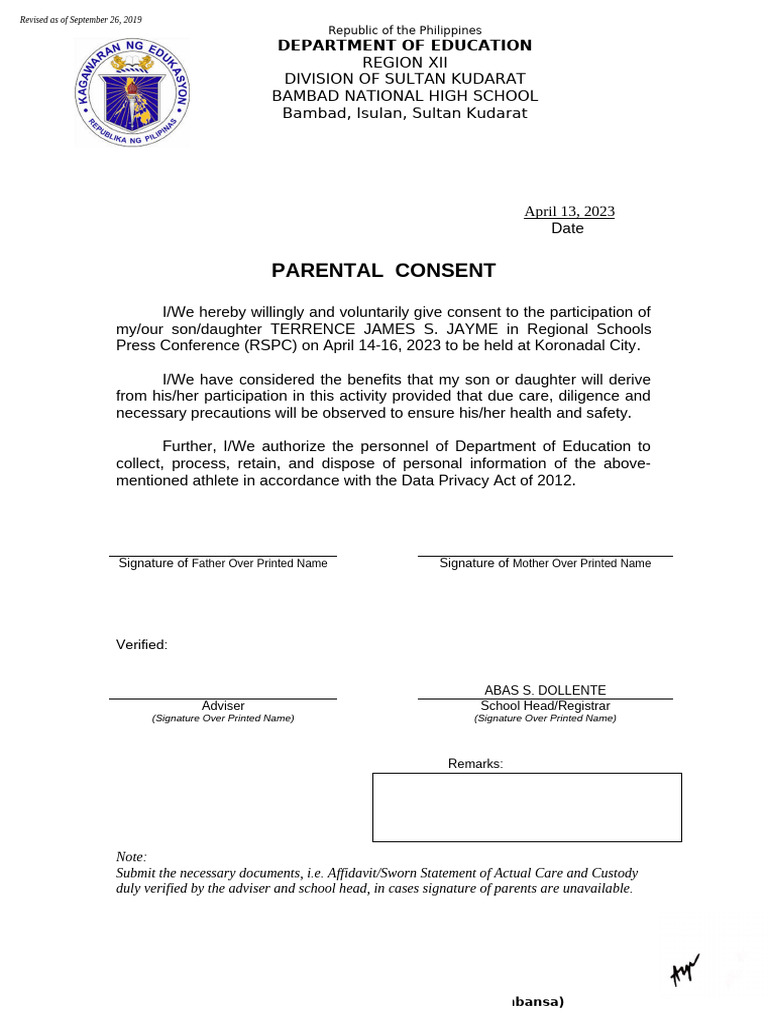 2020 Parents Consent Revised 2 | PDF