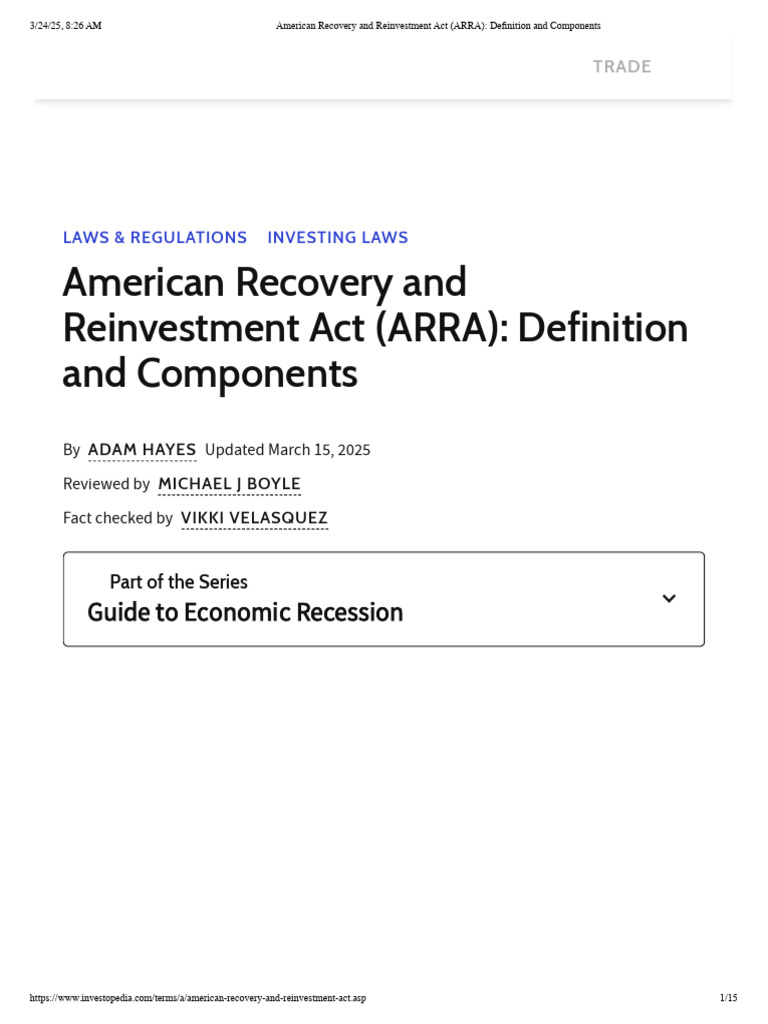 American Recovery and Reinvestment Act (ARRA) - Definition and ...