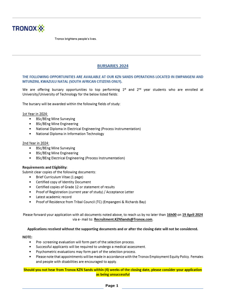 Tronox KZN Sands Bursary Opportunities 2024 | PDF