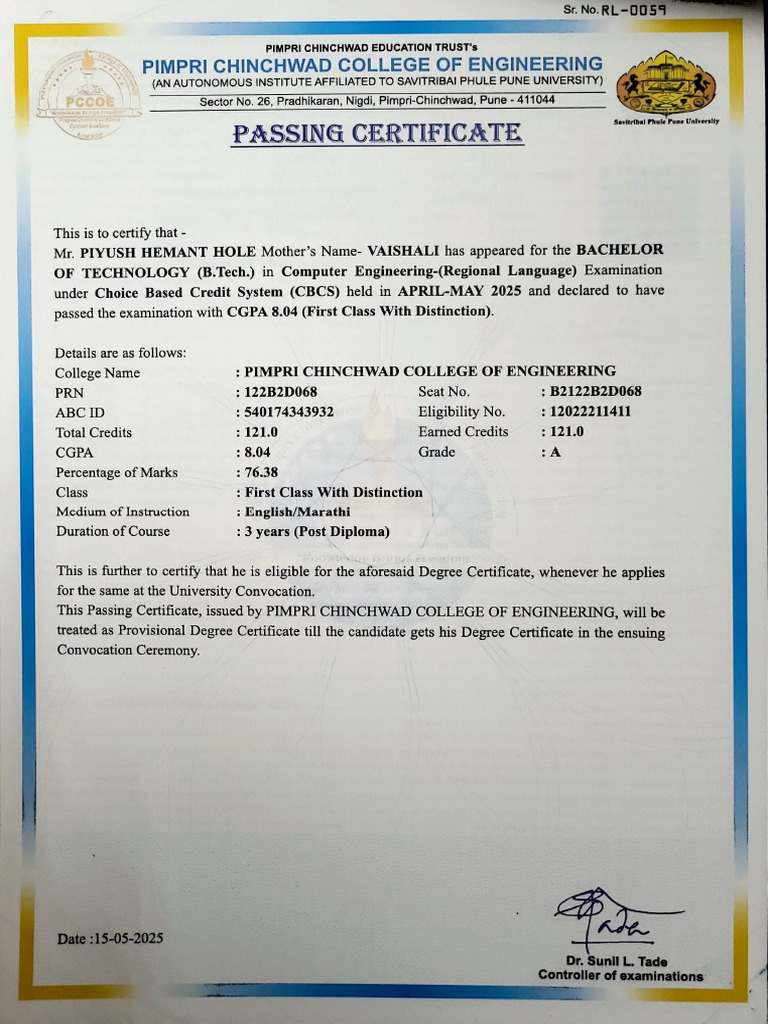 B.Tech Passing Certificate - PCCOE | PDF