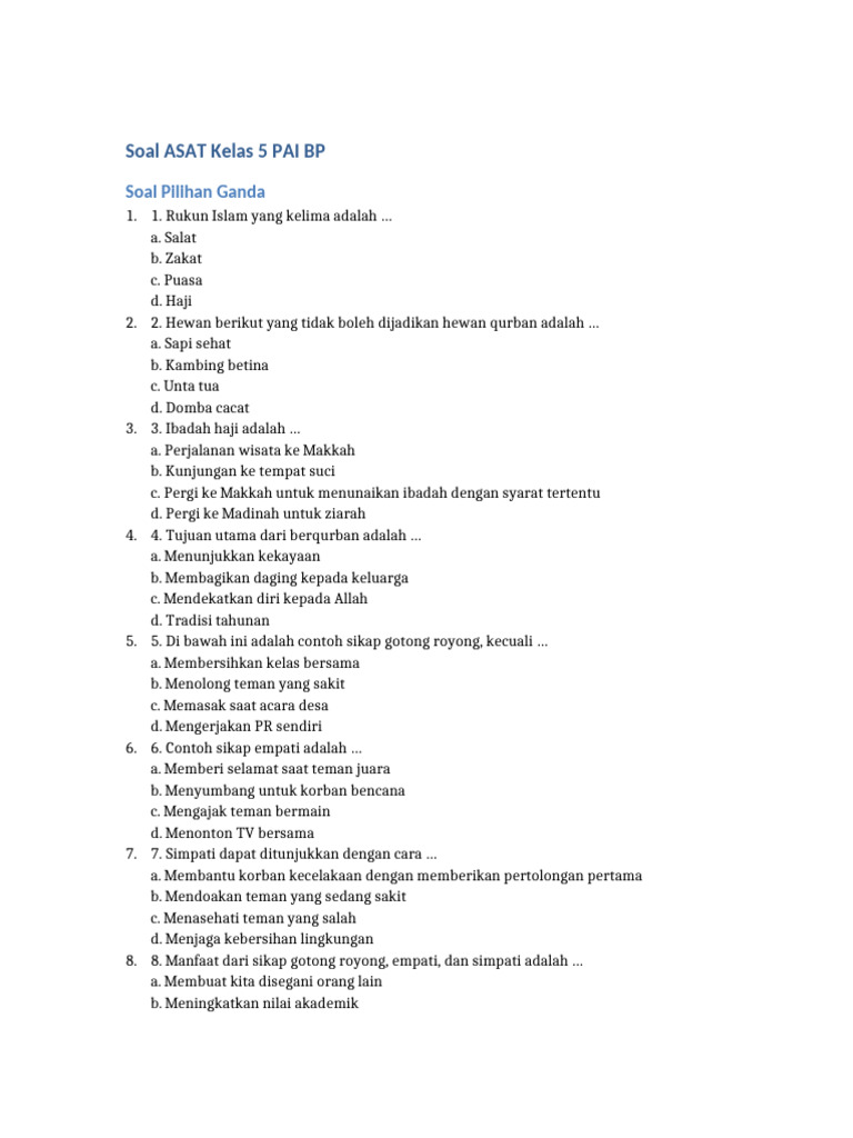 Soal ASAT Kelas5 PAI BP Bagian1 | PDF