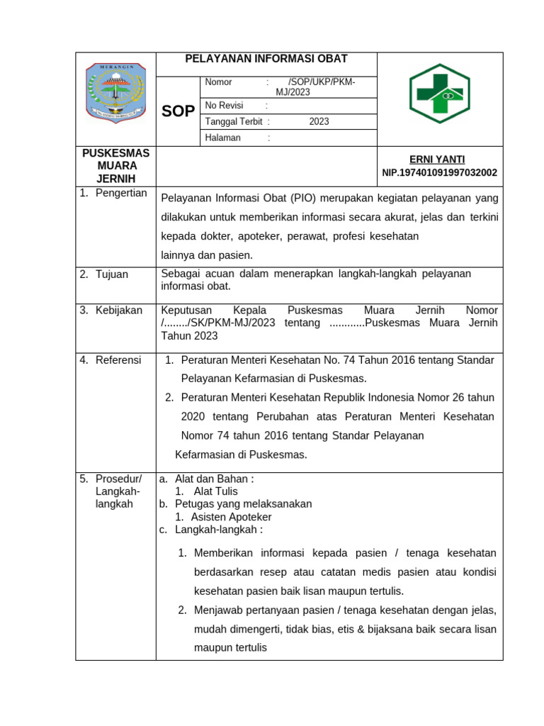 Sop Pelayanan Informasi Obat Muara Jernih | PDF