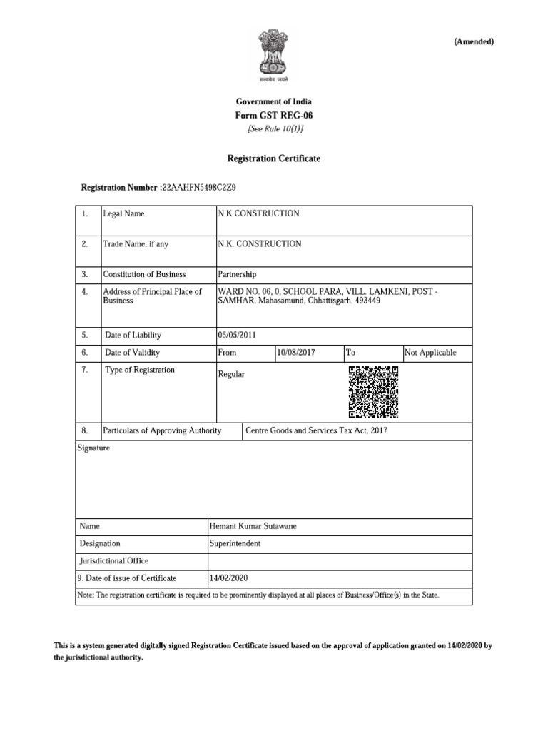 GST Certificate N. K. | PDF