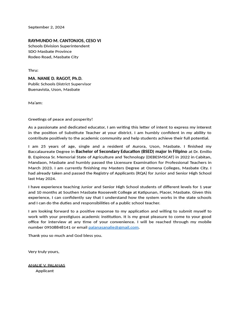 Letter of Intent For Substitute Teacher | PDF