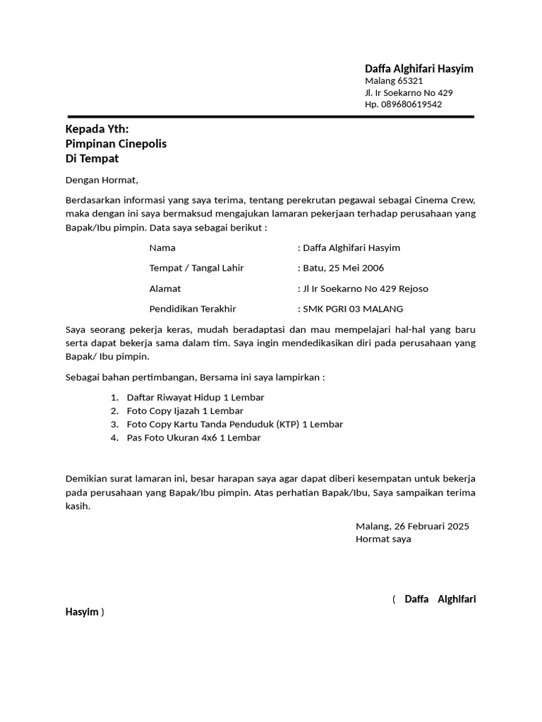 Surat Lamaran Daffa 2025 | PDF