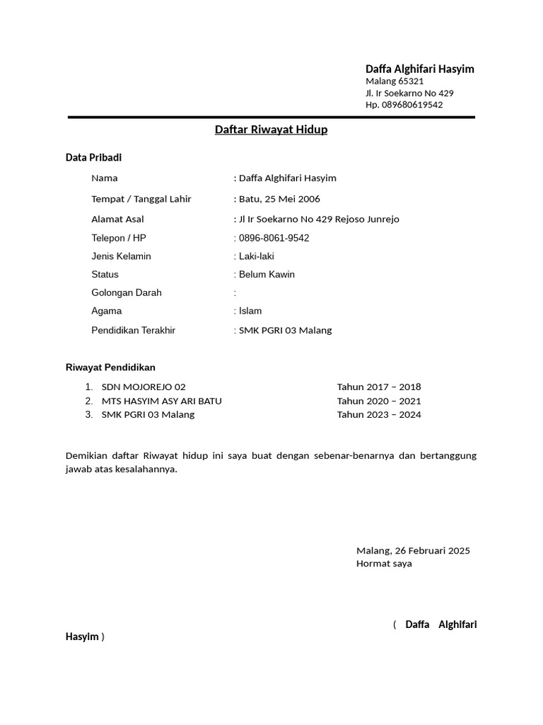 Riwayat Hidup Daffa 2025 | PDF