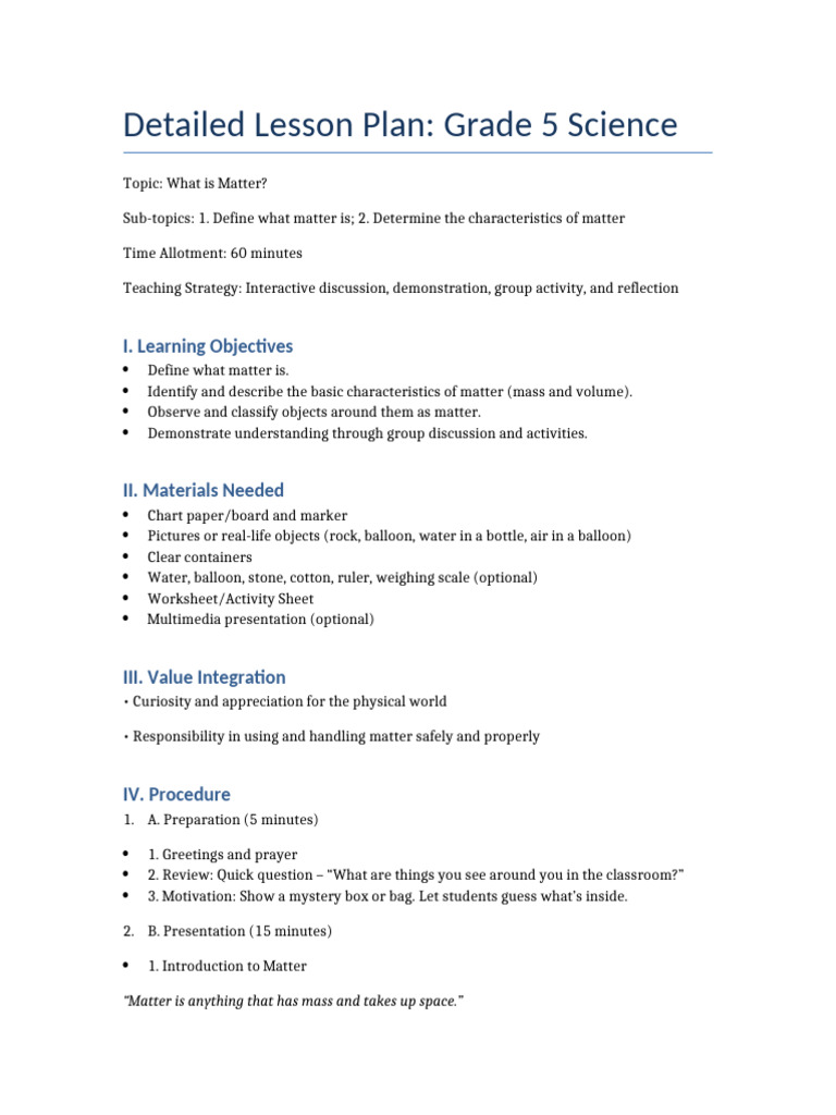 Grade5 Science Matter Lesson Plan | PDF